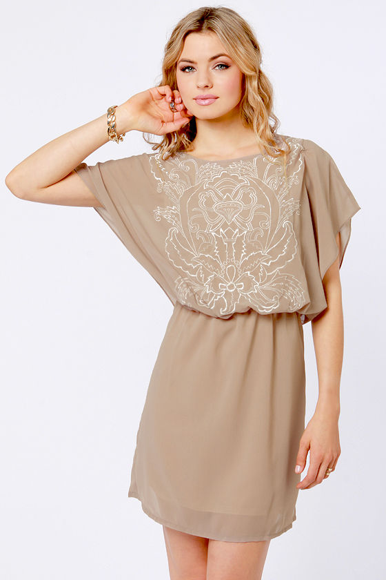 Pretty Taupe Dress - Embroidered Dress - $29.00 - Lulus