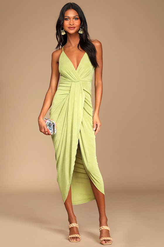 Green Bodycon Dress - Surplice Midi Dress - Draping Tulip Dress - Lulus