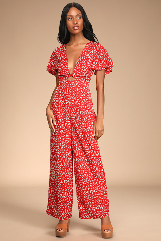 Red Floral Jumpsuit - Flutter Sleeve Jumpsuit - V-Neck Jumpsuit - Lulus