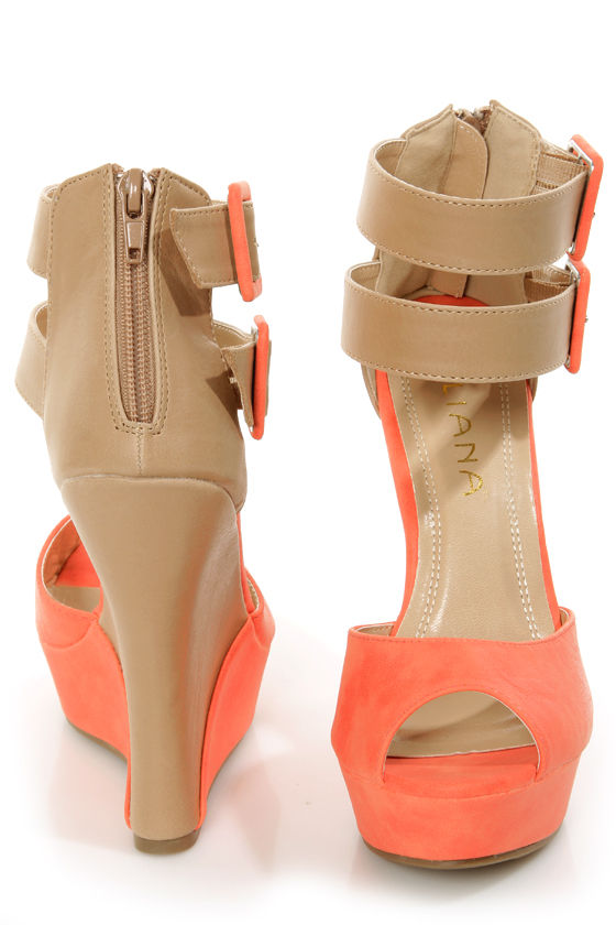 Monaco 3 Coral and Beige Belted Color Block Wedges - $39.00
