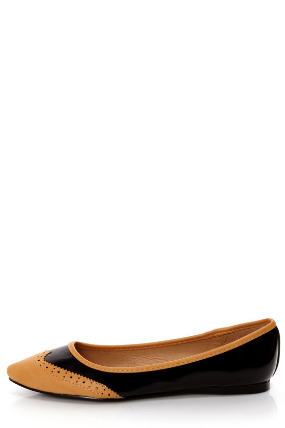 Mila 10 Black Patent and Tan Spectator Flats - $25.00 - Lulus