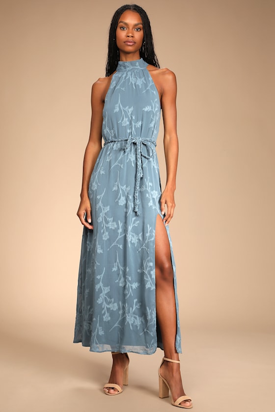 Slate Blue Jacquard Dress - Halter Maxi Dress - Belted Dress - Lulus