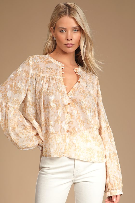 Ivory Floral Print Top - Long Sleeve Top - Floral Button Up Top - Lulus
