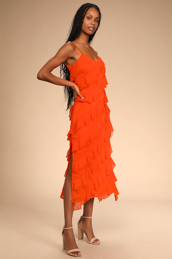 Bright Orange Dress - Ruffled Midi Dress - Tiered Column Dress - Lulus