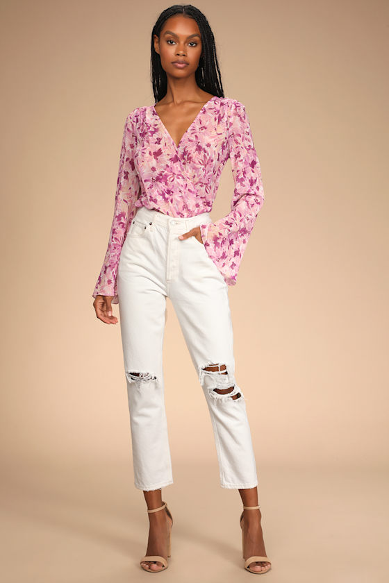 Purple Floral Bodysuit Long Sleeve Bodysuit V Neck Bodysuit Lulus