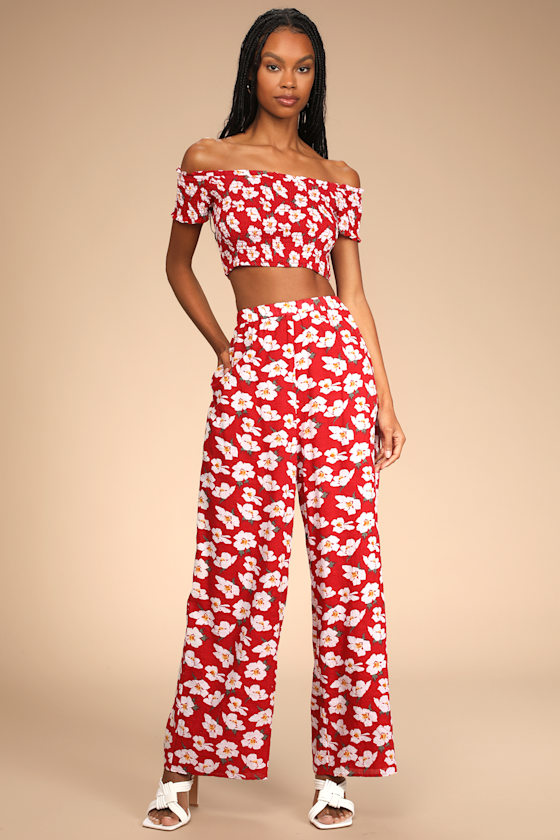 Red Floral Print Jumpsuit - Two-Piece Jumpsuit - Two Piece Set - Lulus