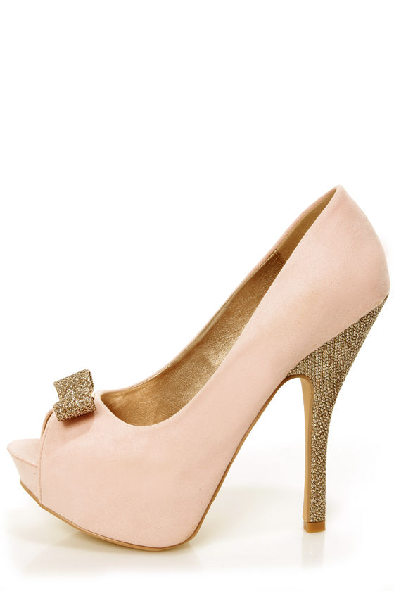 Chic 7 Light Pink and Glitter Fabric Peep Toe Platform Pumps - $29.00 ...