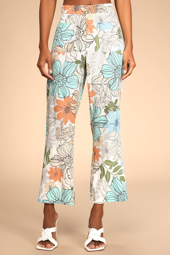 Ivory Floral Print Pants - Tropical Print Pants - High-Rise Pants - Lulus