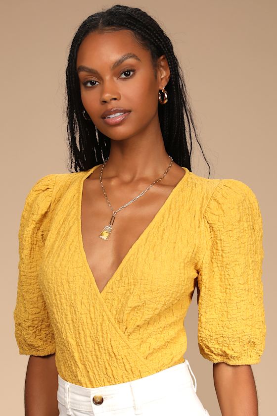 Yellow Bodysuit - Crinkled Bodysuit - Puff Shoulder Bodysuit - Lulus