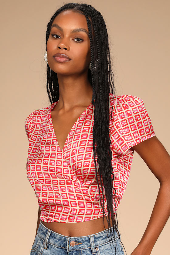 Red Multi Top - Satin Top - Short Sleeve Top - Tie-Back Crop Top - Lulus