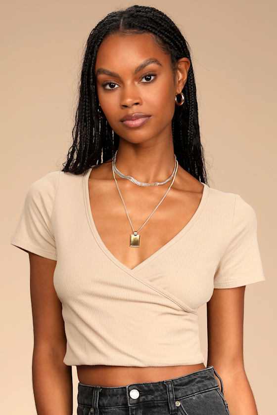 Beige Crop Top - Short Sleeve Top - Ribbed Surplice Crop - Lulus