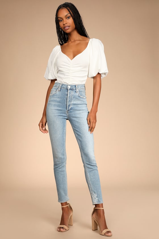 White Puff Sleeve Bodysuit - Ruched Bodysuit - V-Neck Bodysuit - Lulus