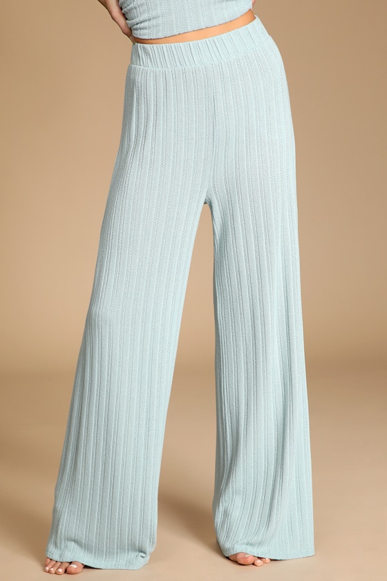 Light Blue Pants - Ribbed Knit Pants - High-Waisted Lounge Pants - Lulus