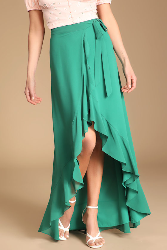 Green Maxi Skirt - High-Low Maxi Skirt - Ruffled Wrap Skirt - Lulus