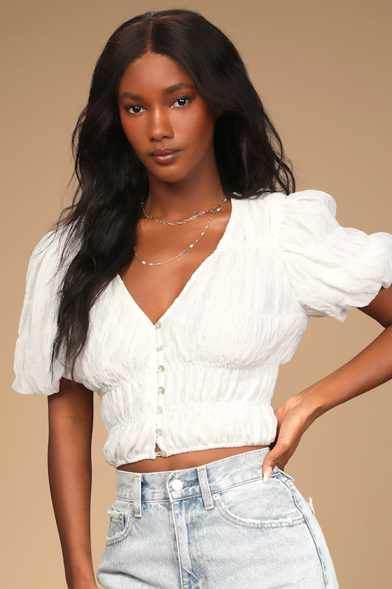 White Puff Sleeve Top - Button-Up Top - Textured Crop Top - Lulus