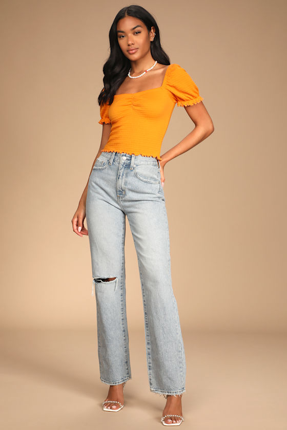 Orange Smocked Top - Puff Sleeve Top - Smocked Puff Sleeve Top - Lulus
