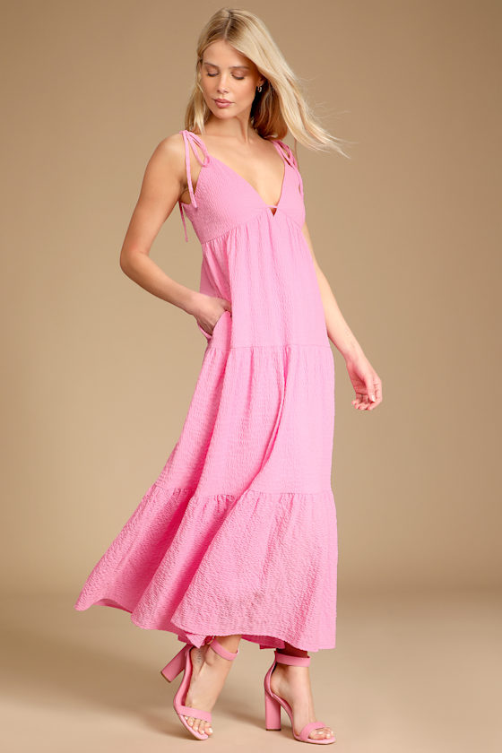 Pink Midi Dress - Tie-Strap Dress - Tiered Midi Dress - Lulus