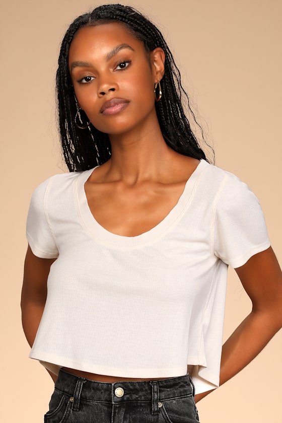 Cream Ribbed Top - Scoop Neck Top - Short Sleeve Tee - Crop Top - Lulus