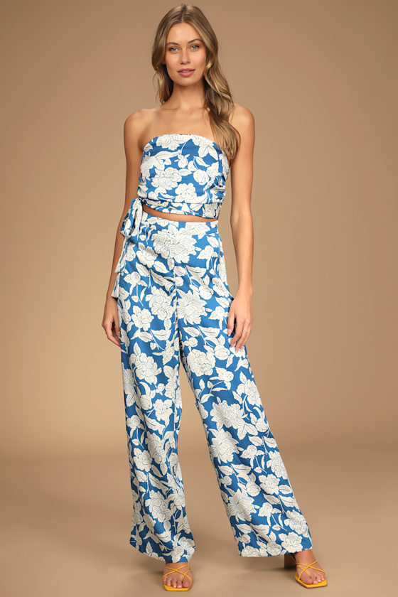 Blue Floral Print Tube Top - Side-Tie Tube Top - Satin Tube Top - Lulus