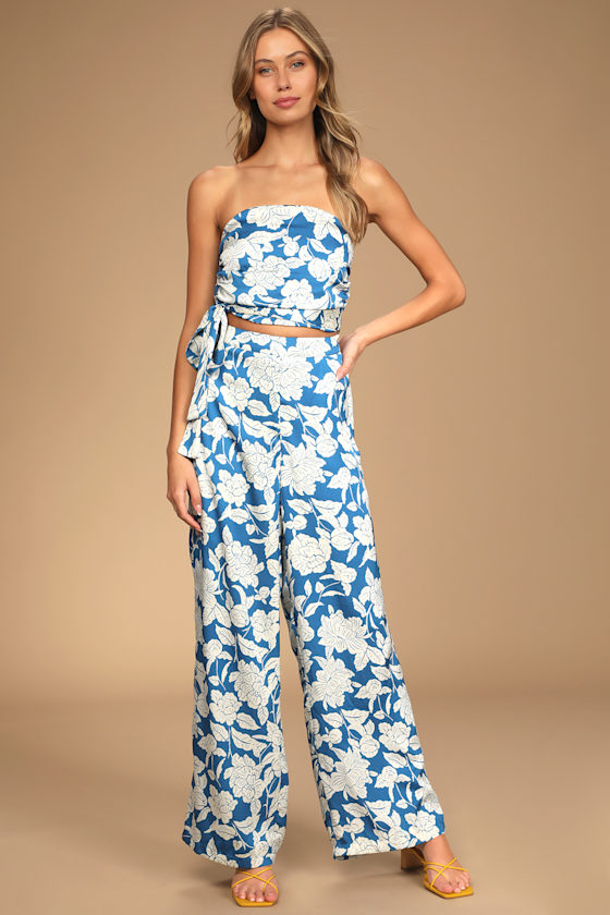 Blue Floral Print Pants - Wide-Leg Pants - High-Waisted Pants - Lulus