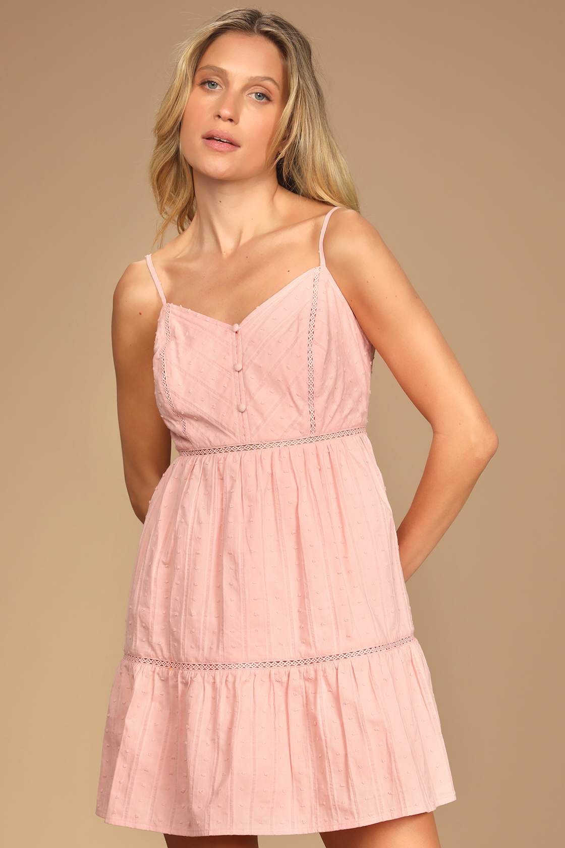 Light Pink Mini Dress - Swiss Dot Dress - Lace Panel Mini Dress - Lulus