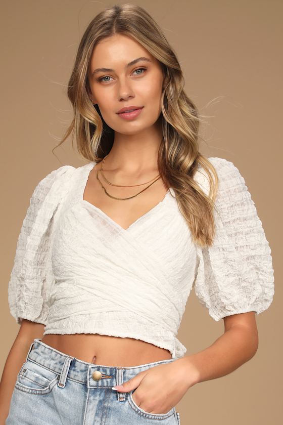 Ivory Puff Sleeve Top - Wrap Crop Top - Tie-Back Crop Top - Lulus
