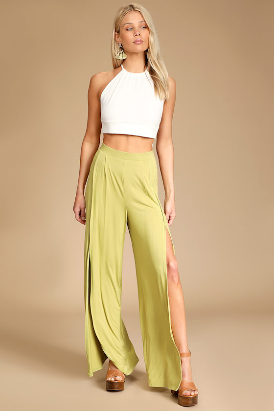 Lime Green Wide Leg Pants - Tulip Hem Pants - High Waist Pants - Lulus