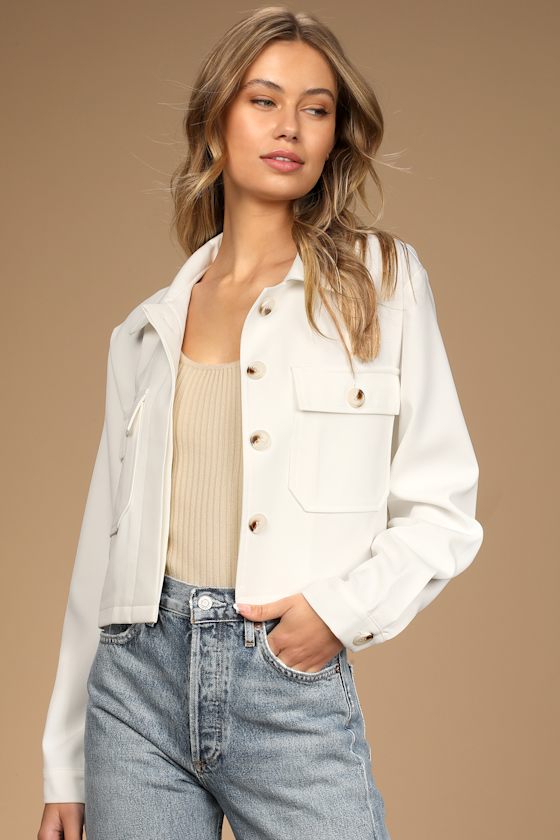 White Cropped Jacket - Collared Jacket - Workwear Jacket - Lulus