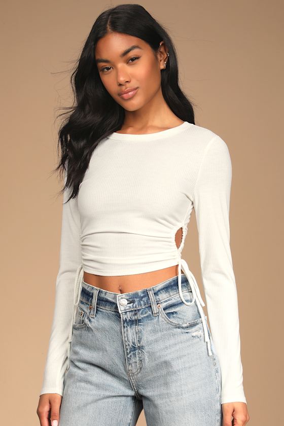 White Ribbed Top - Ruched Long Sleeve Top - Cutout Top - Lulus