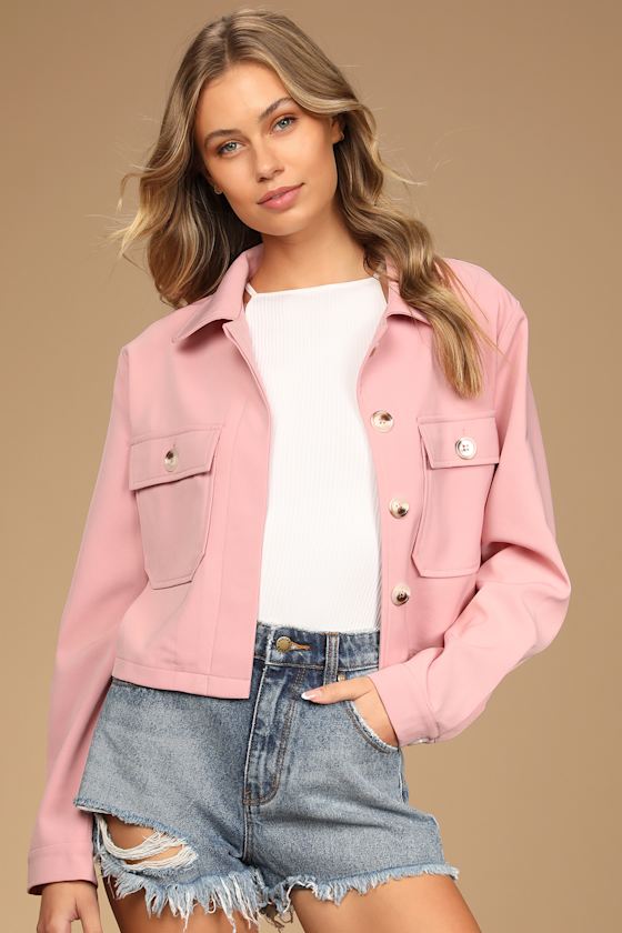 Pink Cropped Jacket - Collared Jacket - Workwear Jacket - Lulus