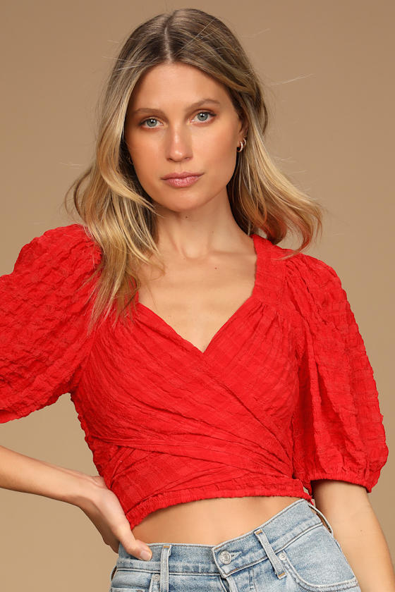 Red Puff Sleeve Top - Wrap Crop Top - Tie-Back Crop Top - Lulus