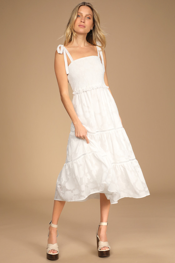 White Jacquard Dress - Tie-Shoulder Midi Dress - Smocked Dress - Lulus