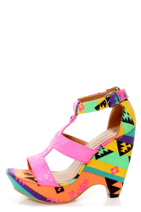 Fiebiger Bubble Gum Neon Pink Print T-Strap Wedge Sandals - $ - Lulus