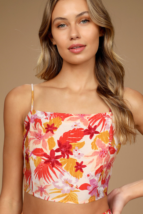 Cream Floral Print Top Cropped Cami Top Smocked Crop Top Lulus