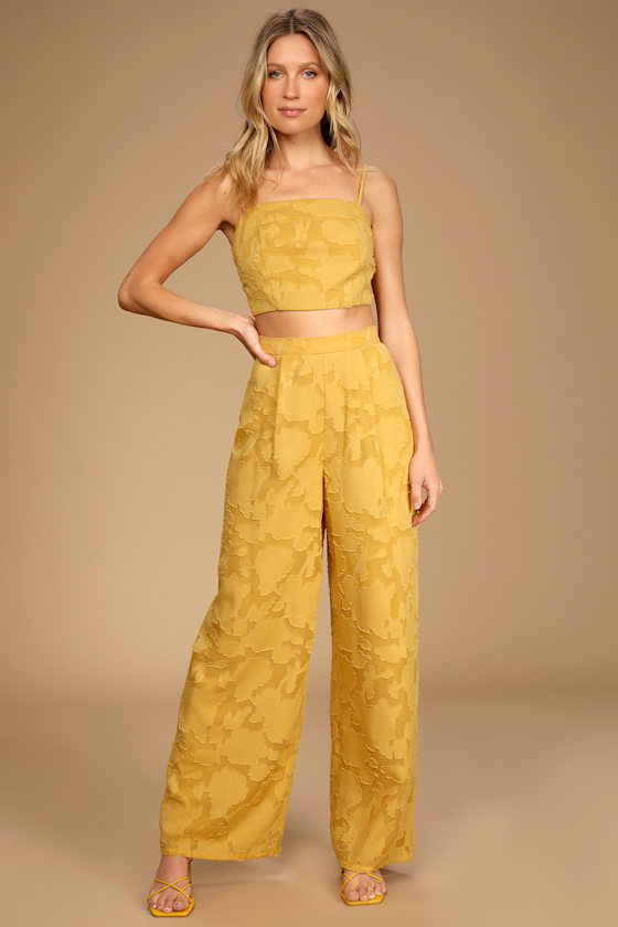 Yellow Jacquard Pants - Wide-Leg Pants - Floral Burnout Pants - Lulus