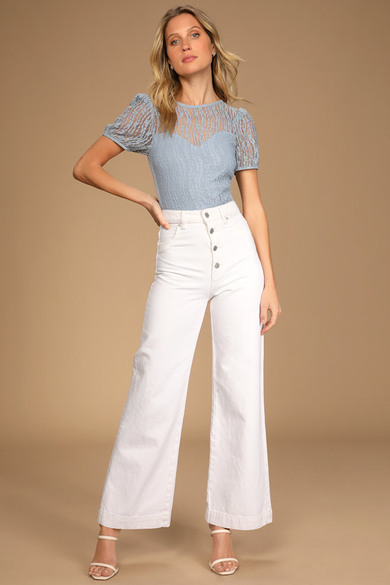 Light Blue Lace Bodysuit - Puff Sleeve Bodysuit - Sheer Bodysuit - Lulus