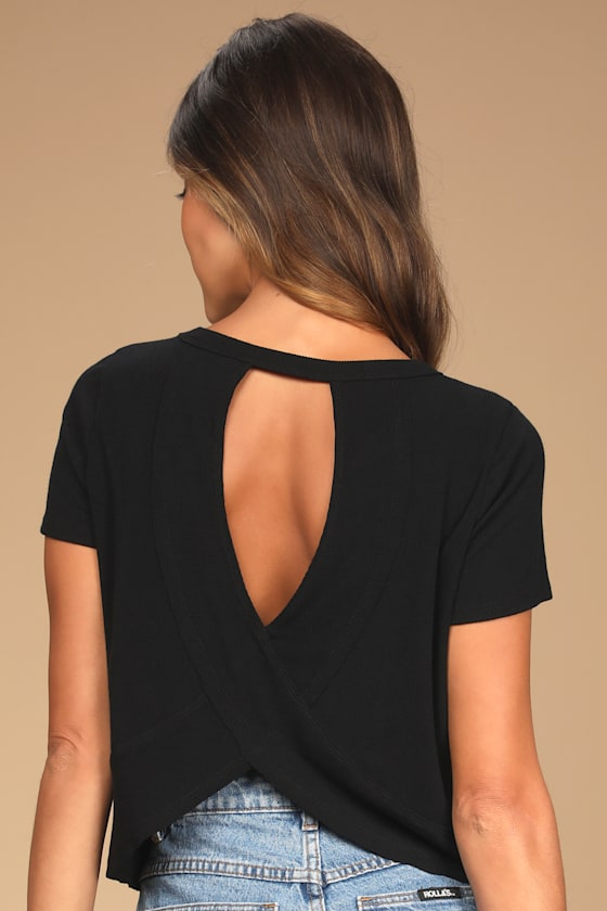 Black Ribbed Tee - Cutout Back Top - Short Sleeve Tee - Lulus