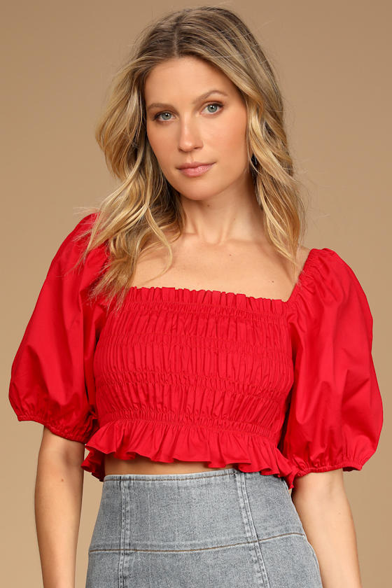 Red Poplin Top - Cotton Puff Sleeve Top - Smocked Crop Top - Lulus