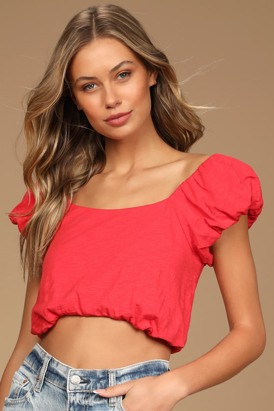 Coral Red Top - Puff Sleeve Crop Top - Square Neck Crop Top - Lulus