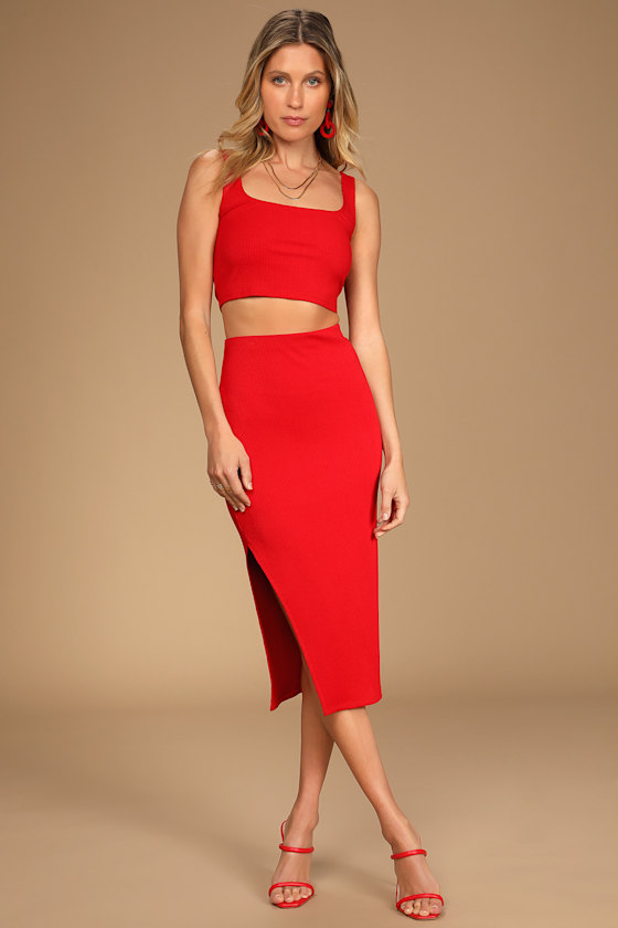 Red Two-Piece Dress - Ribbed Bodycon 2-Piece Dress - Dress Set - Lulus