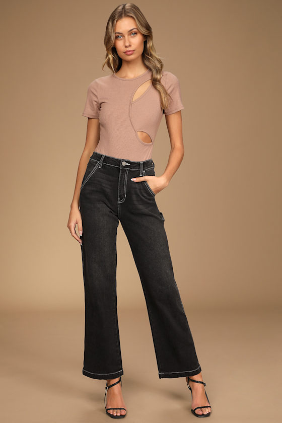 Taupe Ribbed Bodysuit - Cutout Bodysuit - Short Sleeve Bodysuit - Lulus