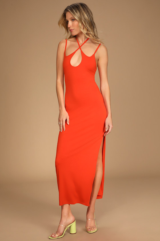 Red Orange Dress - Halter Midi Dress - Column Midi Dress - Lulus