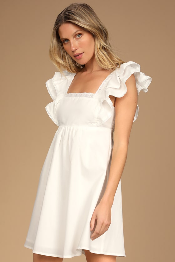 White Mini Dress - Ruffled Mini Dress - Square Neck Dress - Lulus
