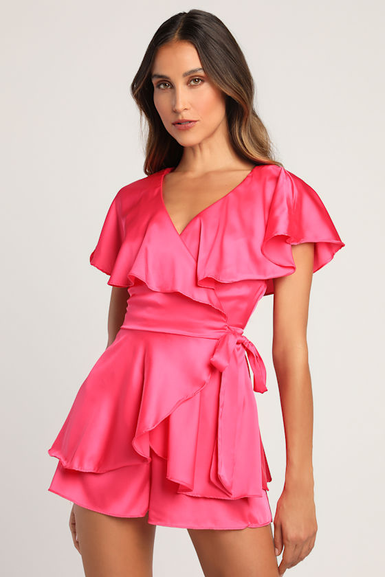 Hot Pink Satin Romper - Short Sleeve Romper - Wrap Romper - Lulus