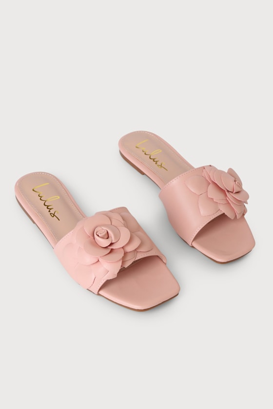 Blush Pink Slide Sandals - Flower Sandals - Flat Slide Sandals - Lulus