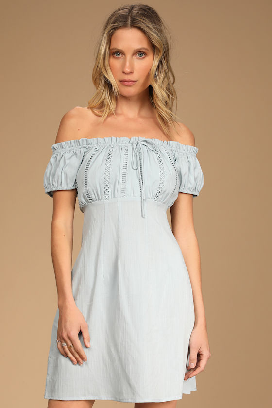 Cute Blue Dress - Off-the-Shoulder Dress - Embroidered Dress - Lulus