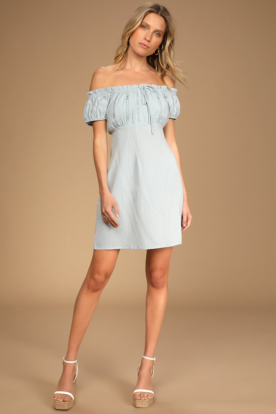 Cute Blue Dress - Off-the-Shoulder Dress - Embroidered Dress - Lulus