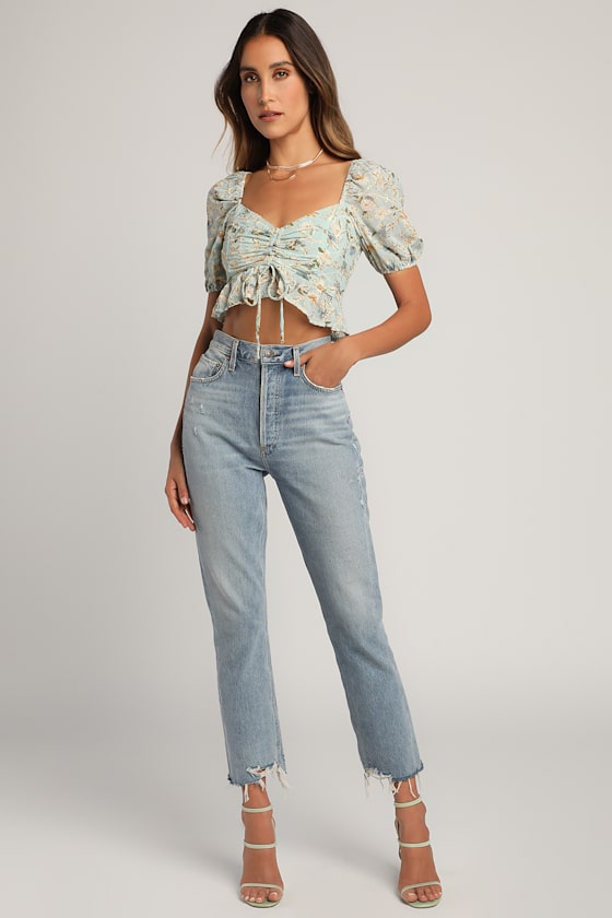 Light Blue Floral Top - Puff Sleeve Crop Top - Embroidered Top - Lulus