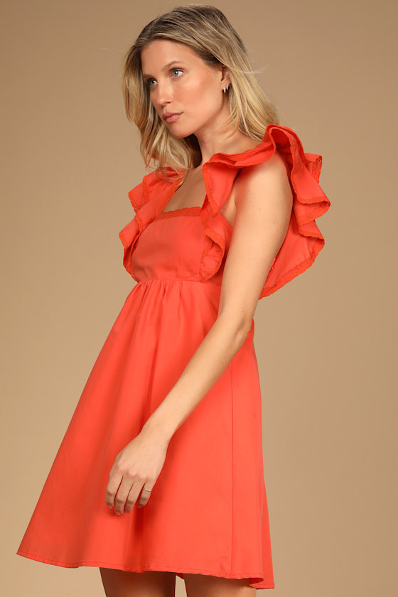 Orange Mini Dress - Ruffled Mini Dress - Square Neck Dress - Lulus