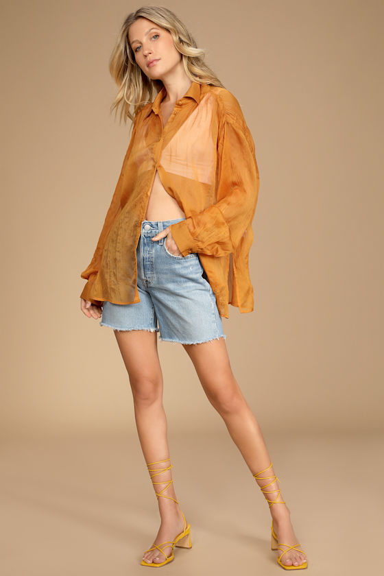 Golden Yellow Top - Crinkle Long Sleeve Top - Women's Tops - Lulus